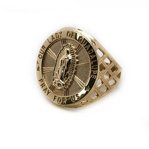 Mens Ring 10K Solid Yellow Gold Virgin Mary Our Lady of Guadalupe Pray ...
