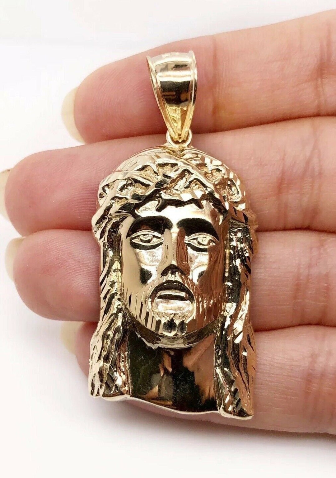 Mens 10K Solid Yellow Gold Jesus Christ Head Face Pendant 6.7 Grams 2. ...