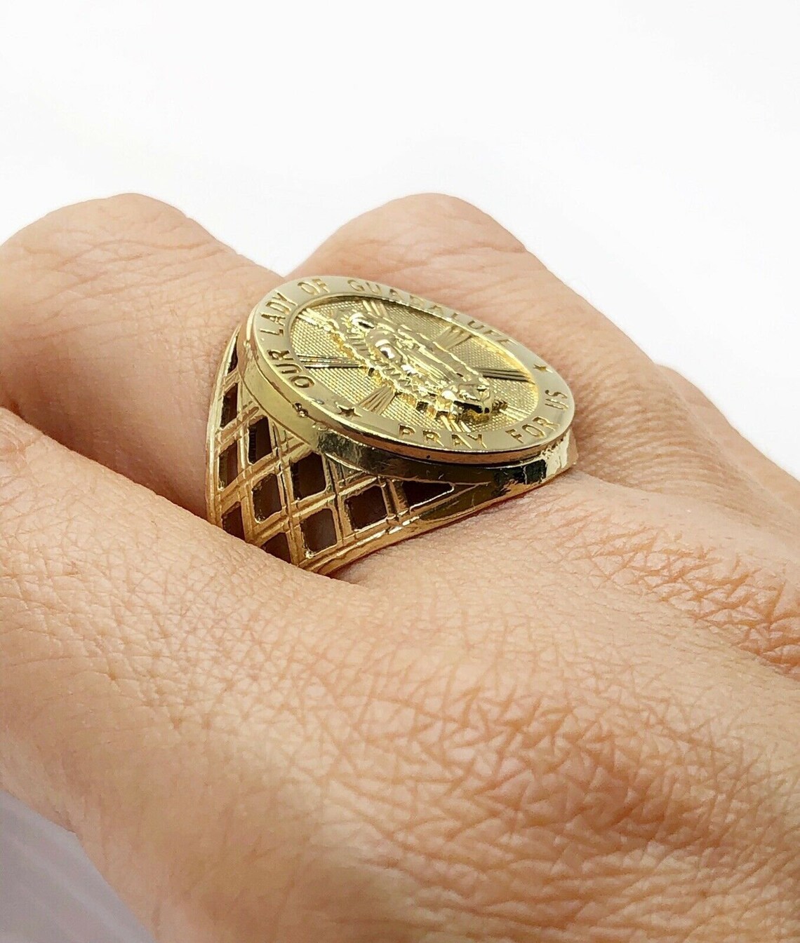 Mens Ring 10K Solid Yellow Gold Virgin Mary Our Lady of | Etsy