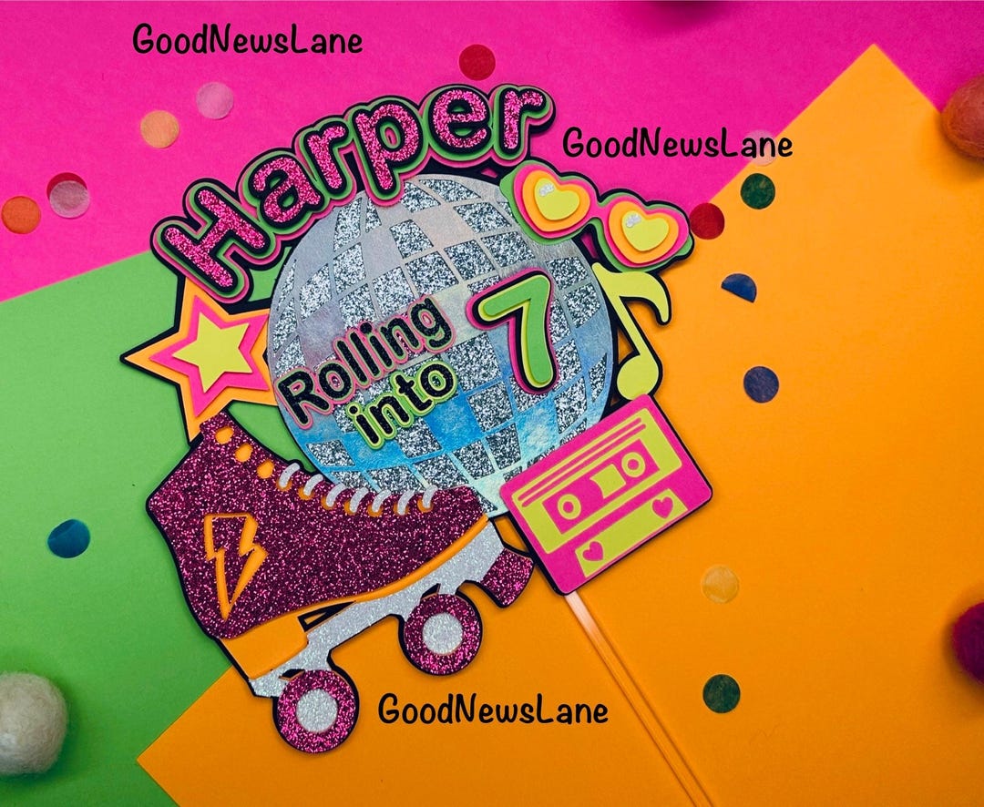 Roller Skating Glitter Cake Topper, Rolling Into, Rainbow Disco Skate ...