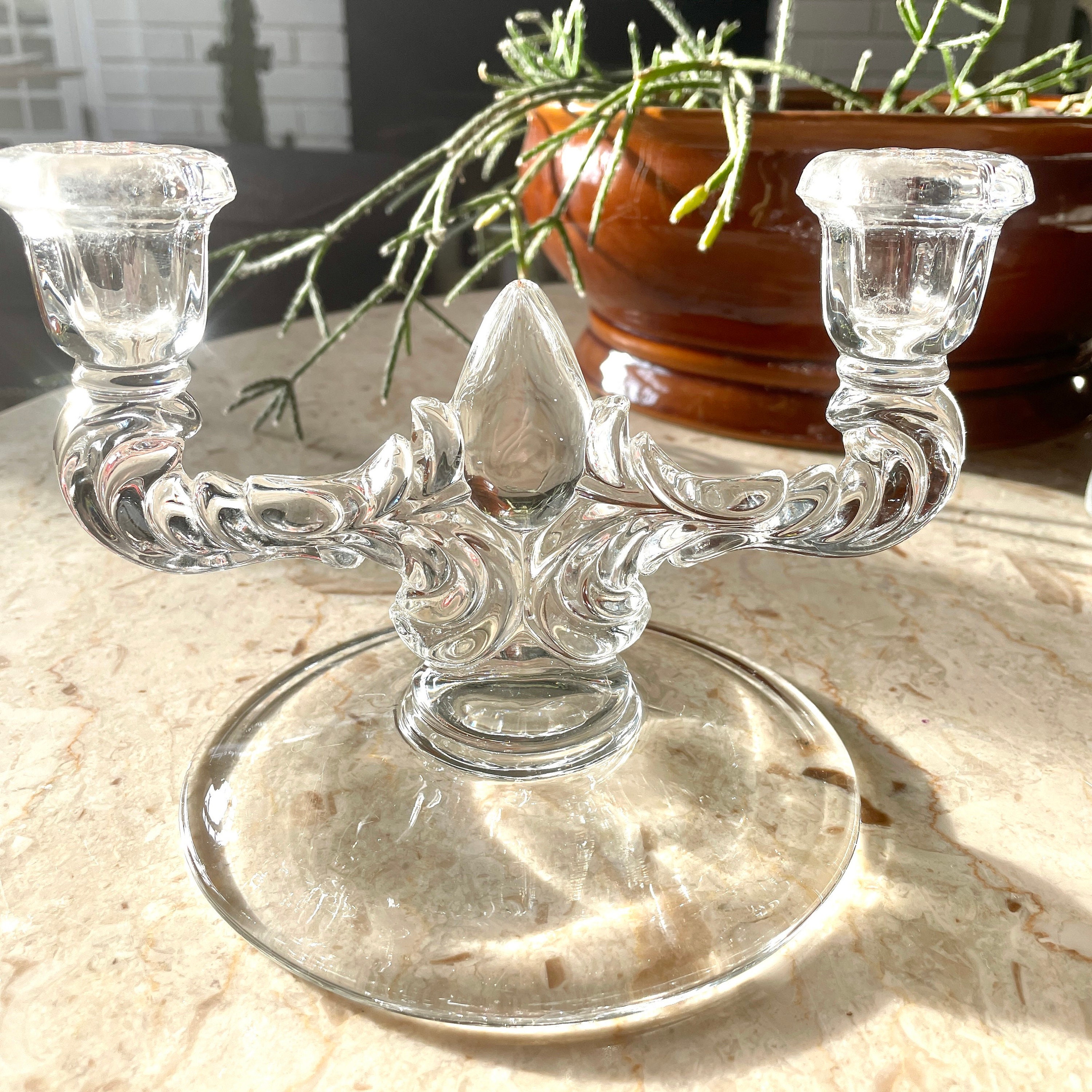 Vintage Pressed Depression Glass, Double Light Candlestick, Farmhouse ...
