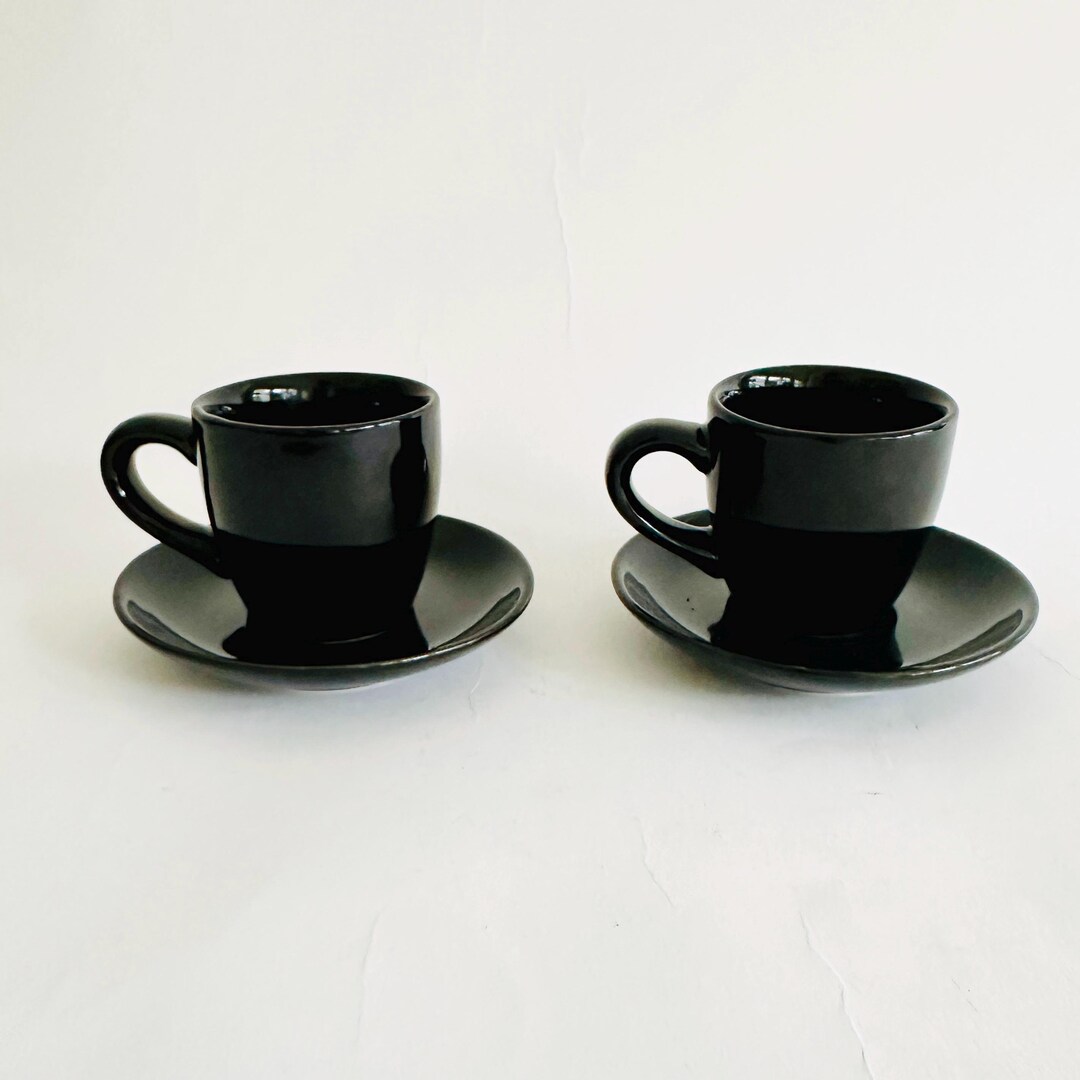 Two Black Espresso Cups and Saucers - Etsy