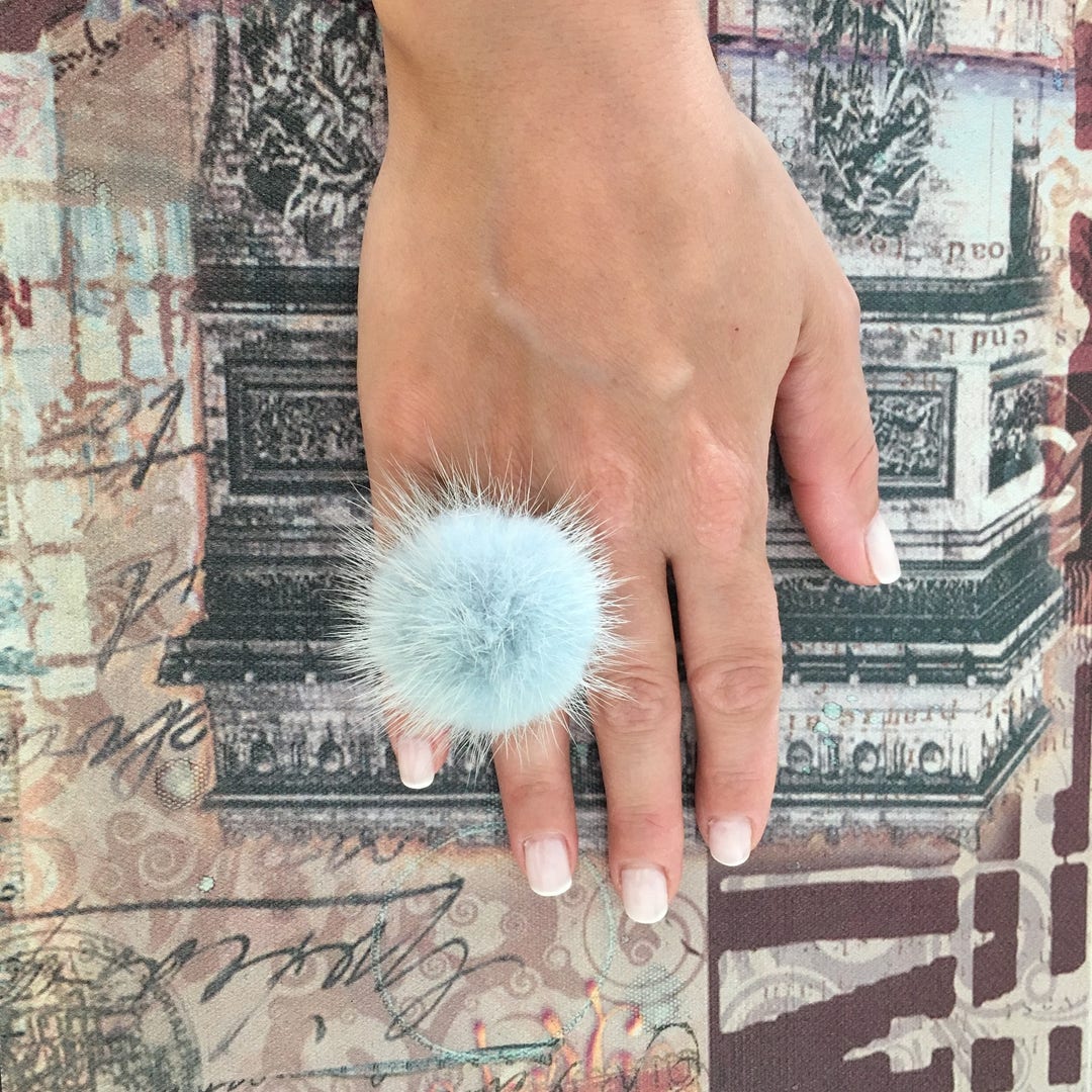 Pale Blue Furry Ring, Mink Pompom Ring, Mink Finger Ring With Genuine ...