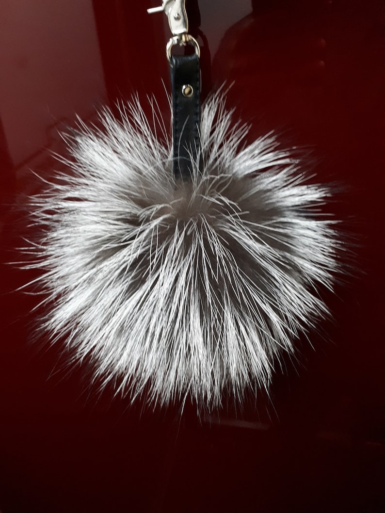 Real SILVER FOX Pompom Bag Charm Key Ring Key Chain With Genuine ...