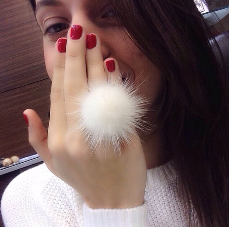 White Furry Ring Mink Pompom Ring Mink Finger Ring With - Etsy