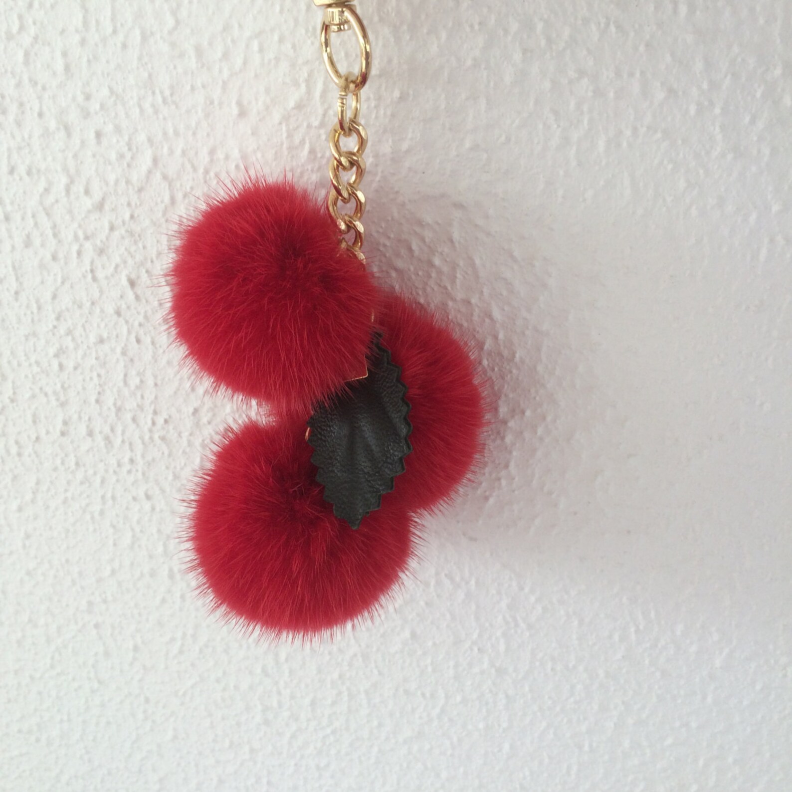 Cherry Mink Bag Charm Keychain Keyring Pompom With Chain and - Etsy