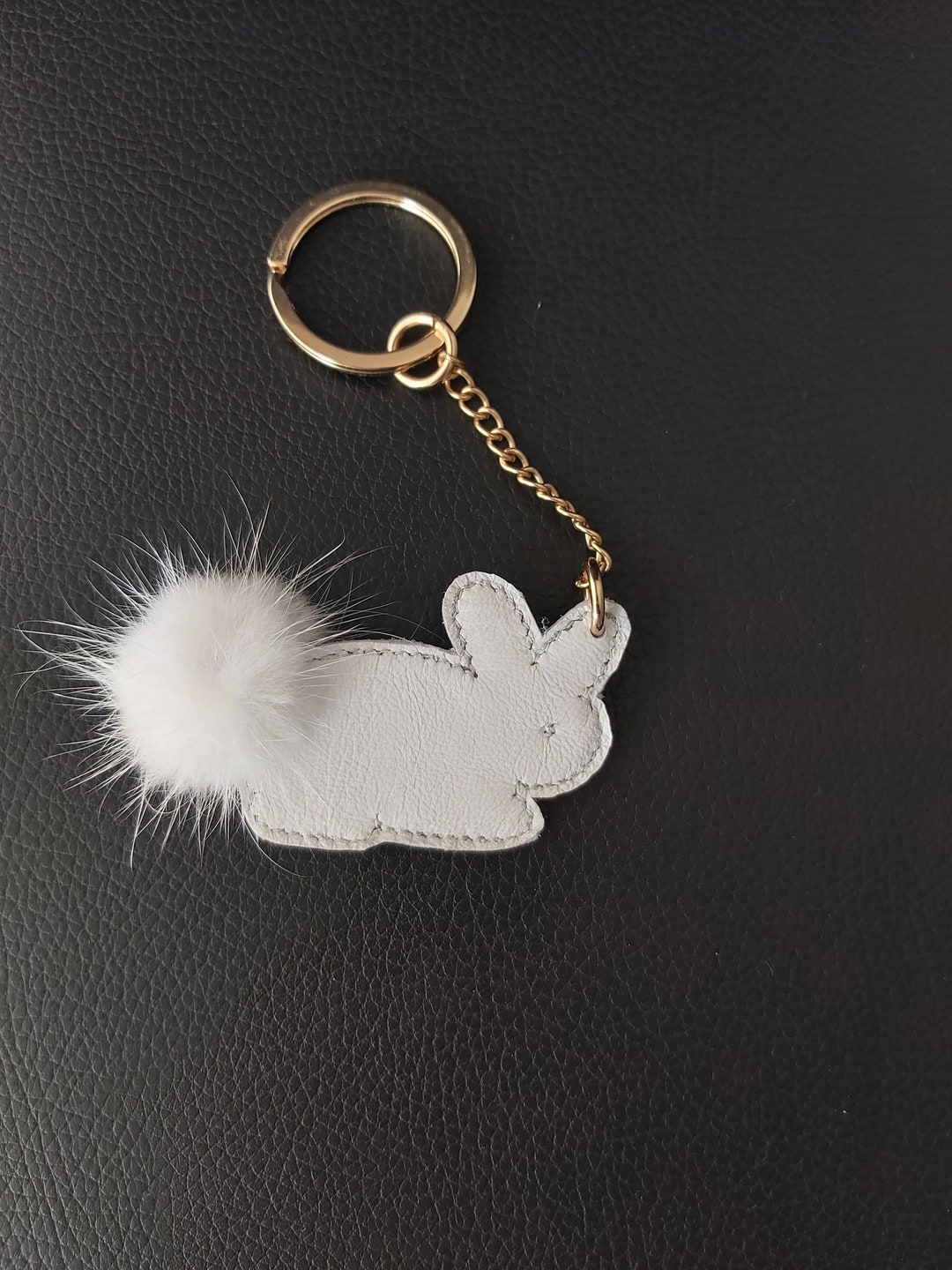 White LEATHER Bunny Keychain With Fur Tail, Key Ring, Real Leather ...