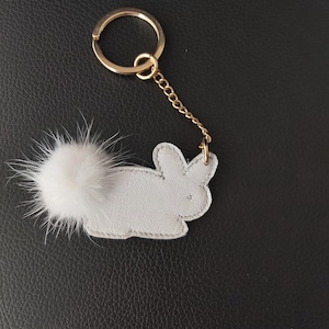 White LEATHER Bunny Keychain With Fur Tail, Key Ring, Real Leather ...