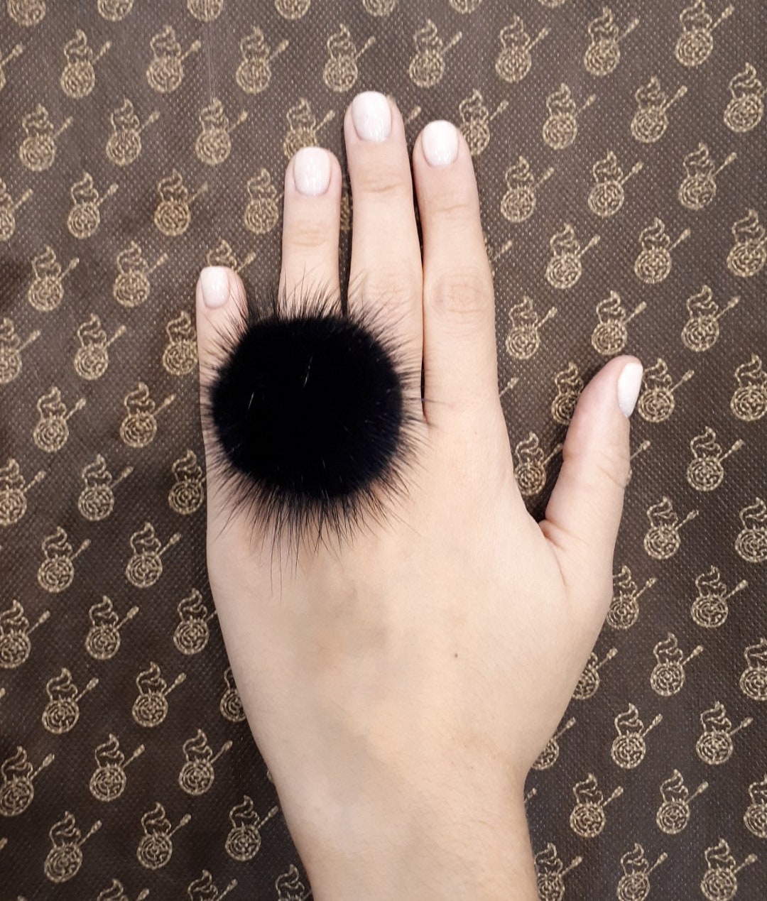Black Furry Ring, Mink Pompom Ring, Mink Finger Ring With Genuine ...