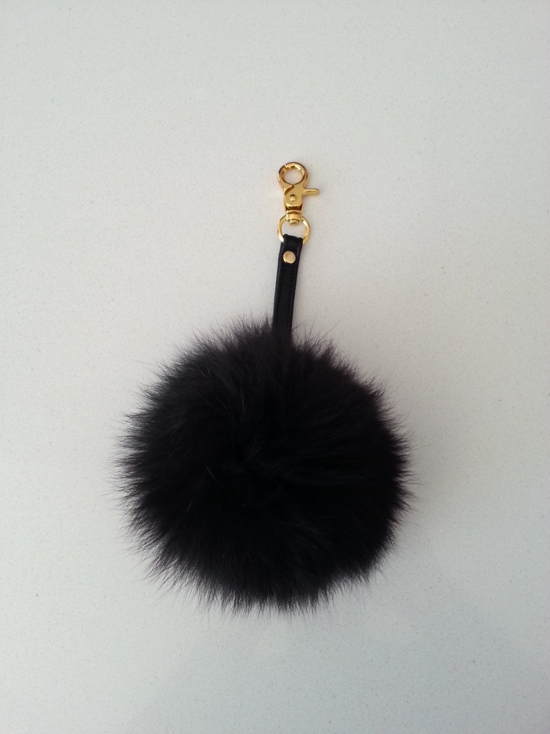 Real Black Fox Fur Keychain Keyring Pompom With Genuine Leather Strap ...