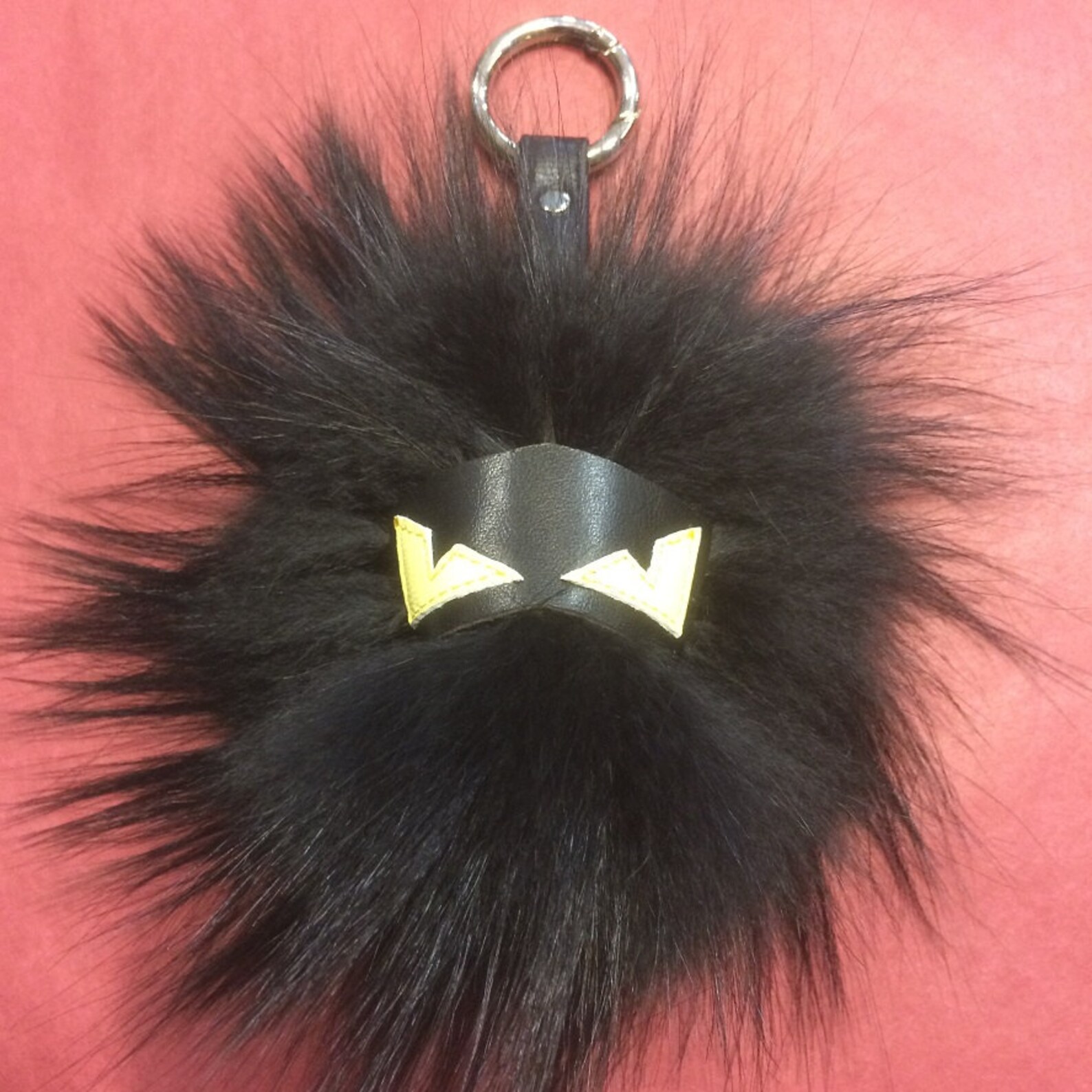 Monster face Black Raccoon Fur Keychain Keyring pompom with | Etsy