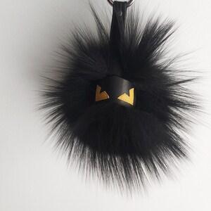 Monster Face Black Raccoon Fur Keychain Keyring Pompom With Genuine ...
