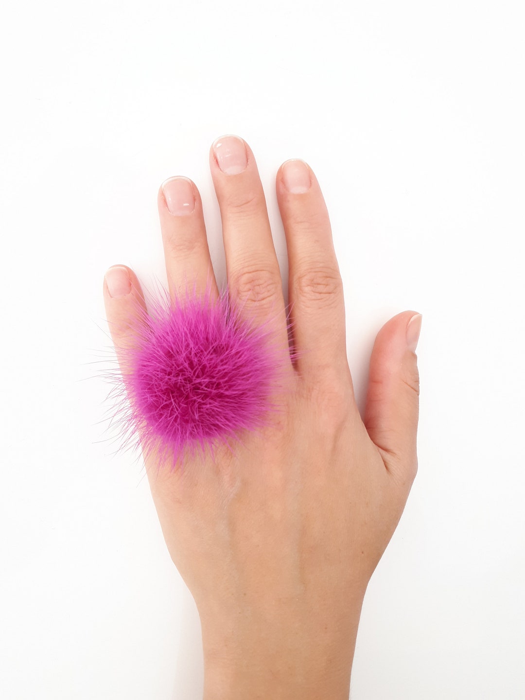 Fuschia Furry Ring, Mink Pompom Ring, Mink Finger Ring With Genuine ...
