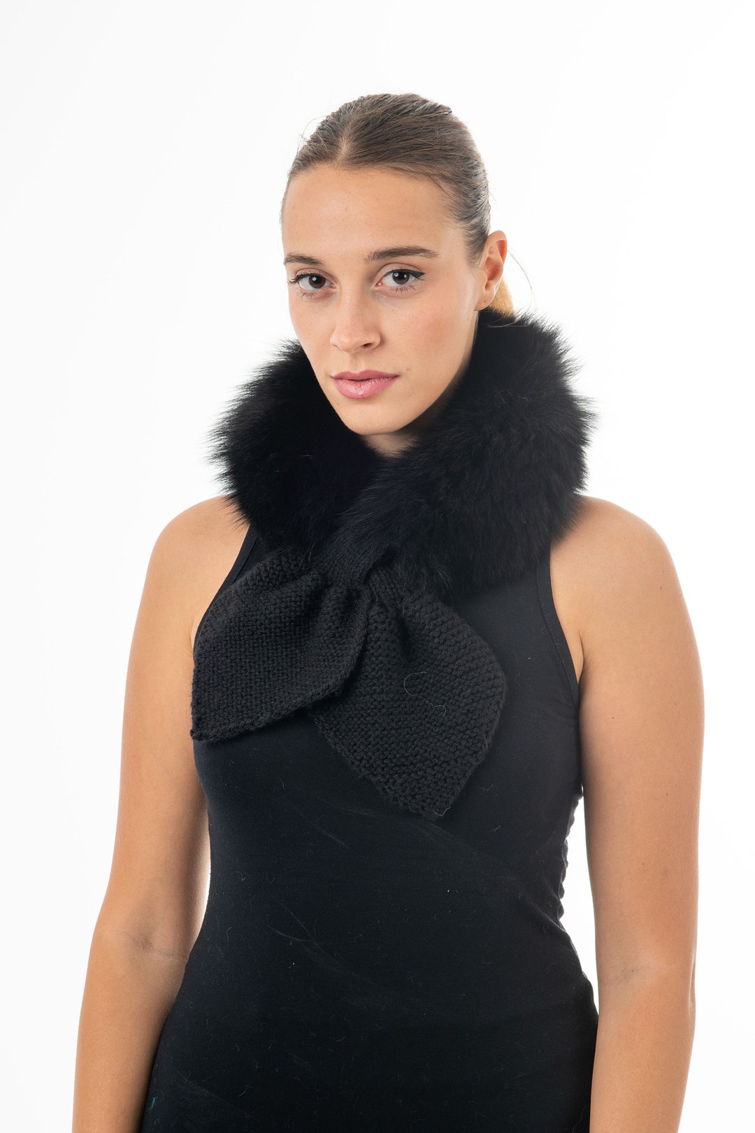 BLACK FUR COLLAR With Handknit Bow, Handmade Real Fur Collar and Knit ...
