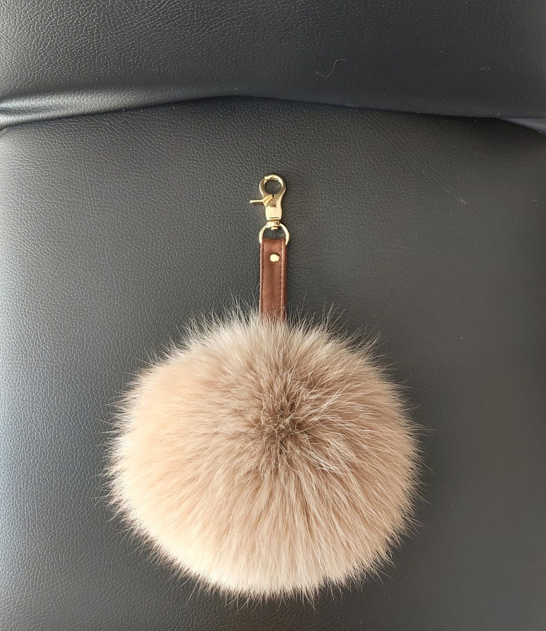 Peru Fox Fur Keychain Keyring Pompom With Genuine Leather Strap. Camel ...