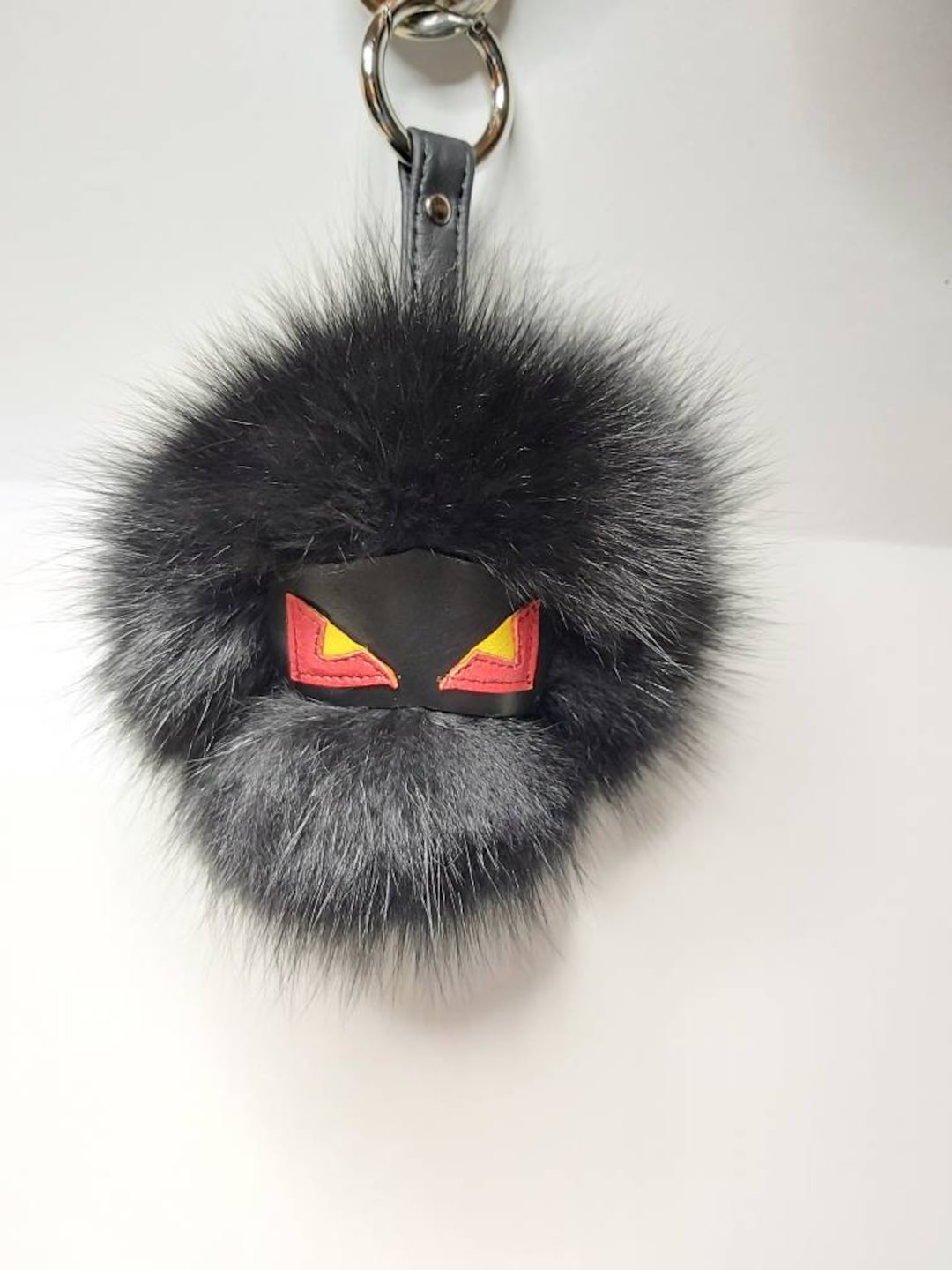 Monster Face Black Fox Fur Keychain Keyring Pompom With Genuine Leather ...
