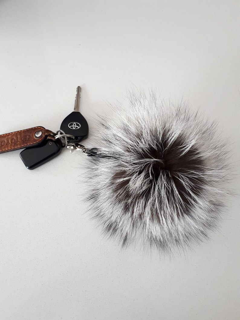 Real SILVER FOX Pompom Bag Charm Key Ring Key Chain With Genuine ...