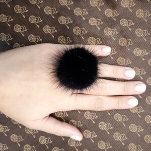 Black Furry Ring, Mink Pompom Ring, Mink Finger Ring With Genuine ...