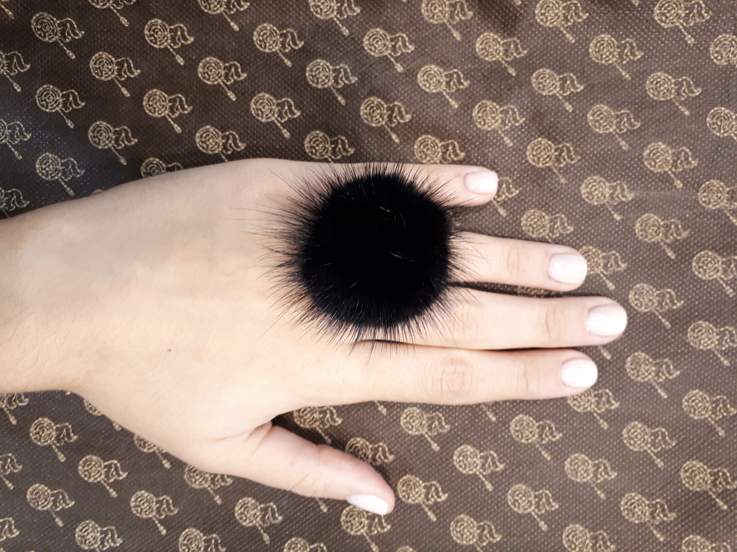 Black Furry Ring Mink Pompom Ring Mink Finger Ring With - Etsy