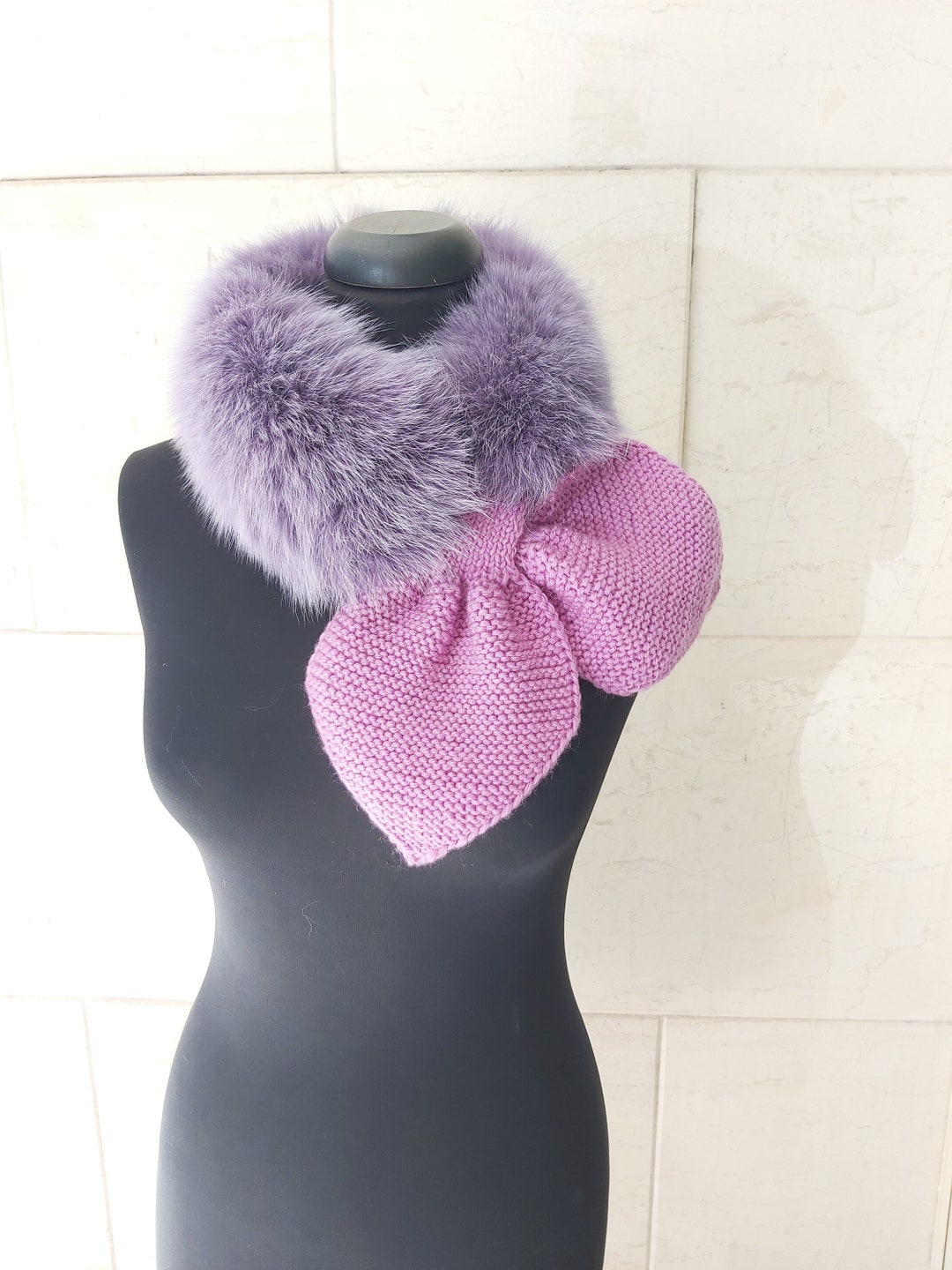 LILA FUR COLLAR With Handknit Bow, Handmade Real Fur Collar and Knit in ...