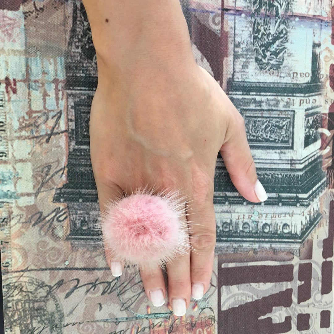 Pale Pink Furry Ring, Mink Pompom Ring, Mink Finger Ring With Genuine ...