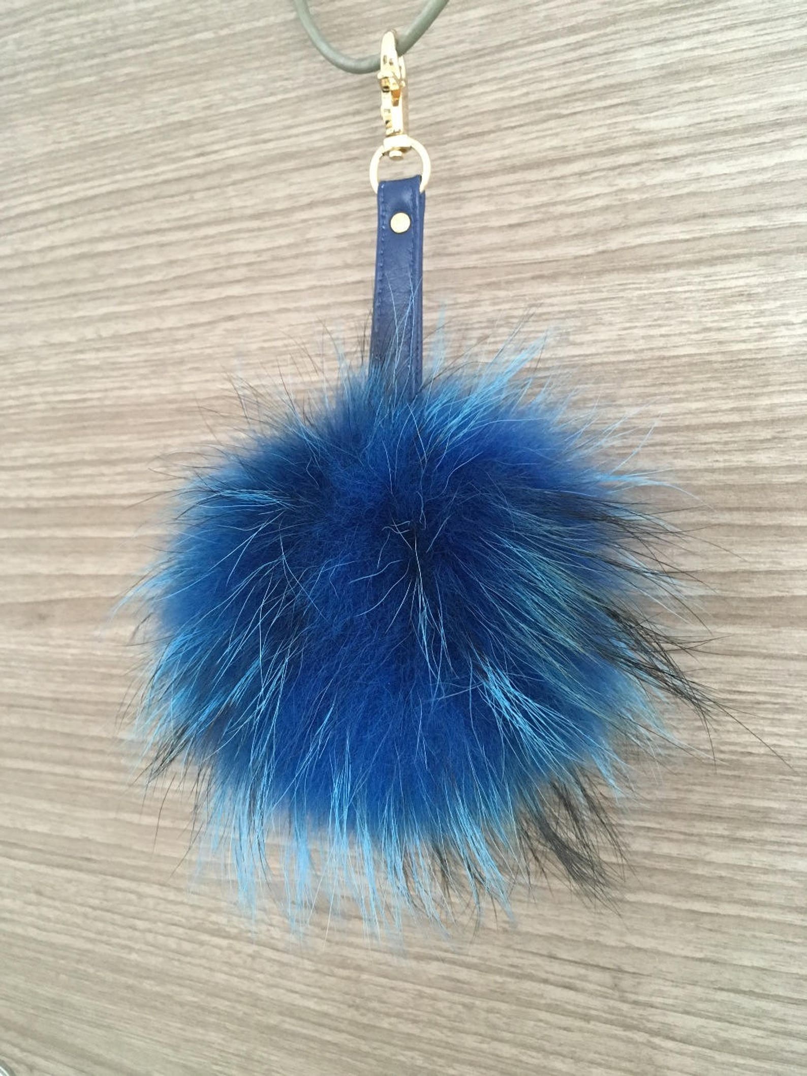 Electric Blue Raccoon Pompom Keyring With Genuine Leather - Etsy