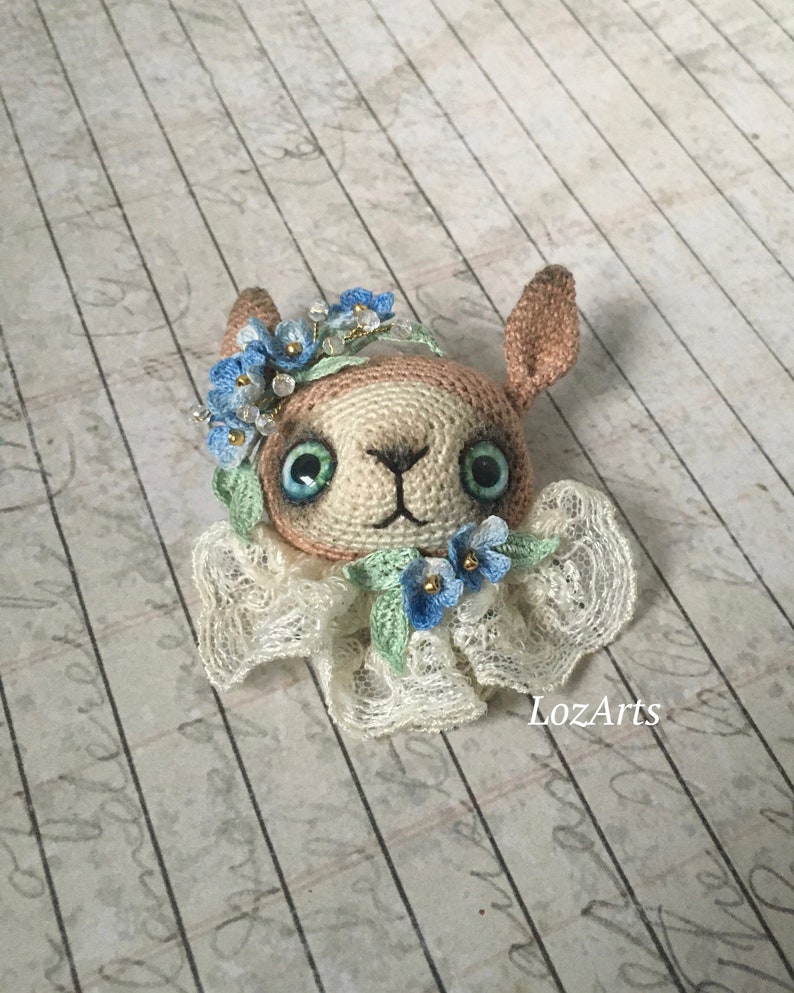 Crochet Brooch Bunny Rabbit Pin With Flowers and Lace Collar. - Etsy
