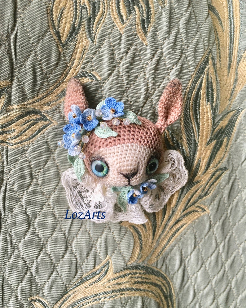 Crochet Brooch Bunny Rabbit Pin With Flowers and Lace Collar. - Etsy