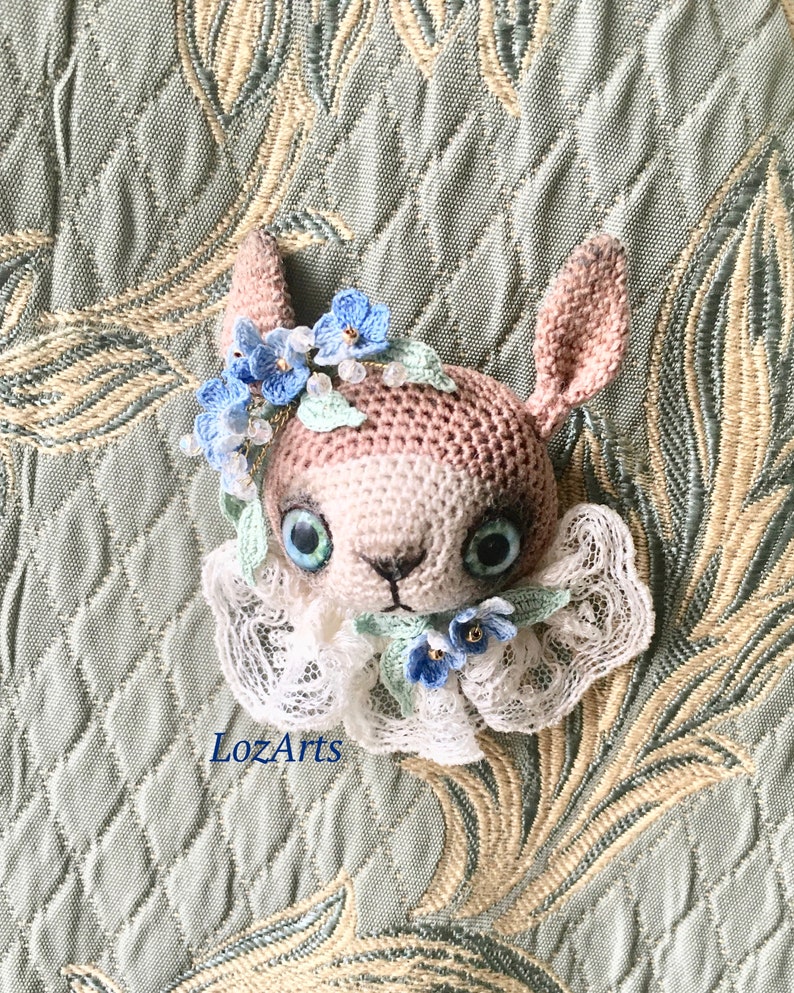 Crochet Brooch Bunny Rabbit Pin With Flowers and Lace Collar. - Etsy