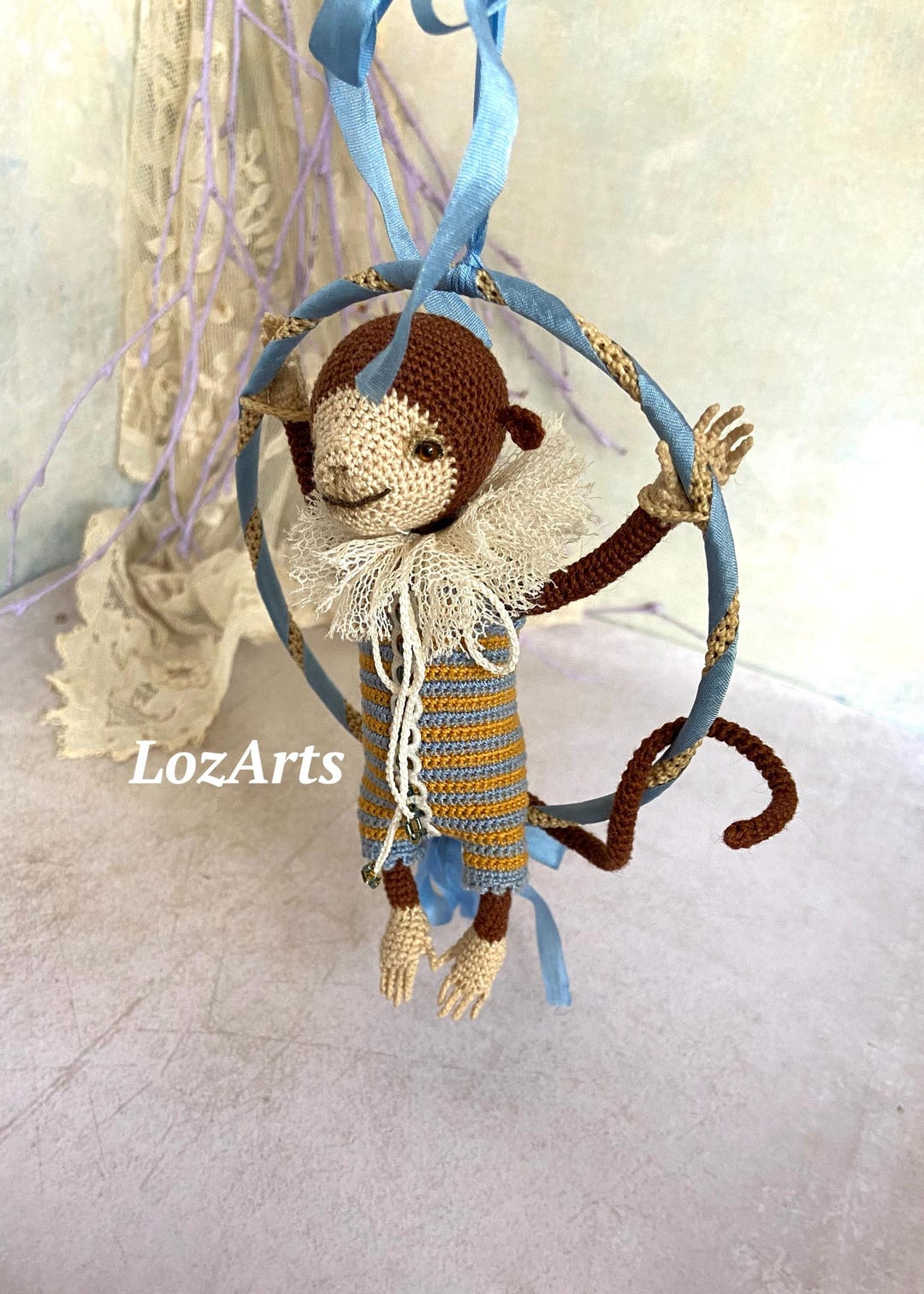 Crochet Monkey With Hoop, Circus Monkey Staffed Figurine, Interior Doll ...