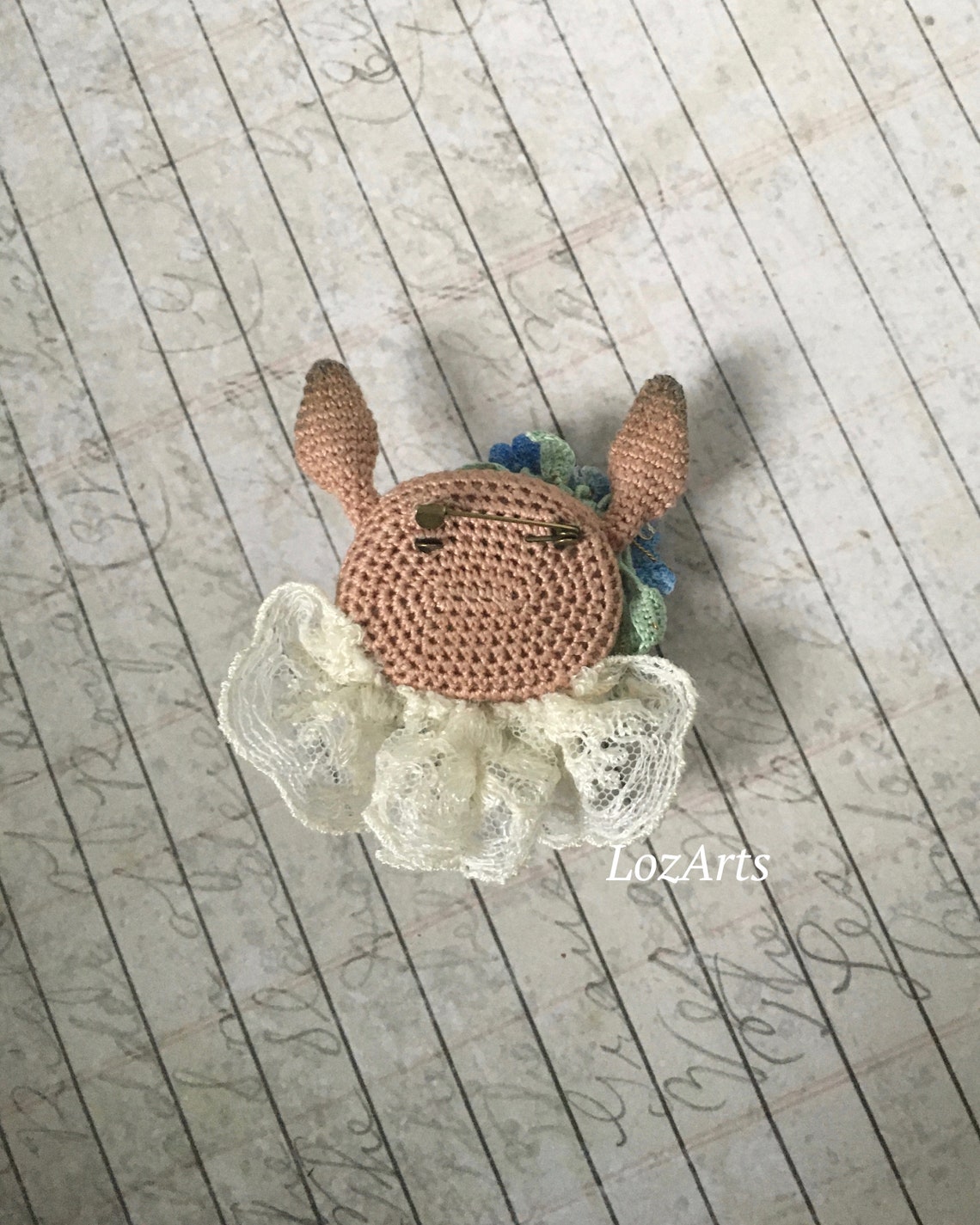 Crochet Brooch Bunny Rabbit Pin With Flowers and Lace Collar. - Etsy