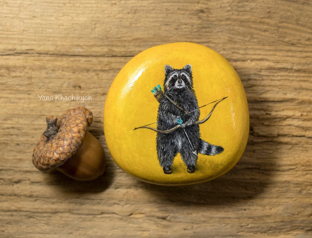 Tiny Raccoon Archer Warrior (original Oil Painting on a Stone by Yana ...