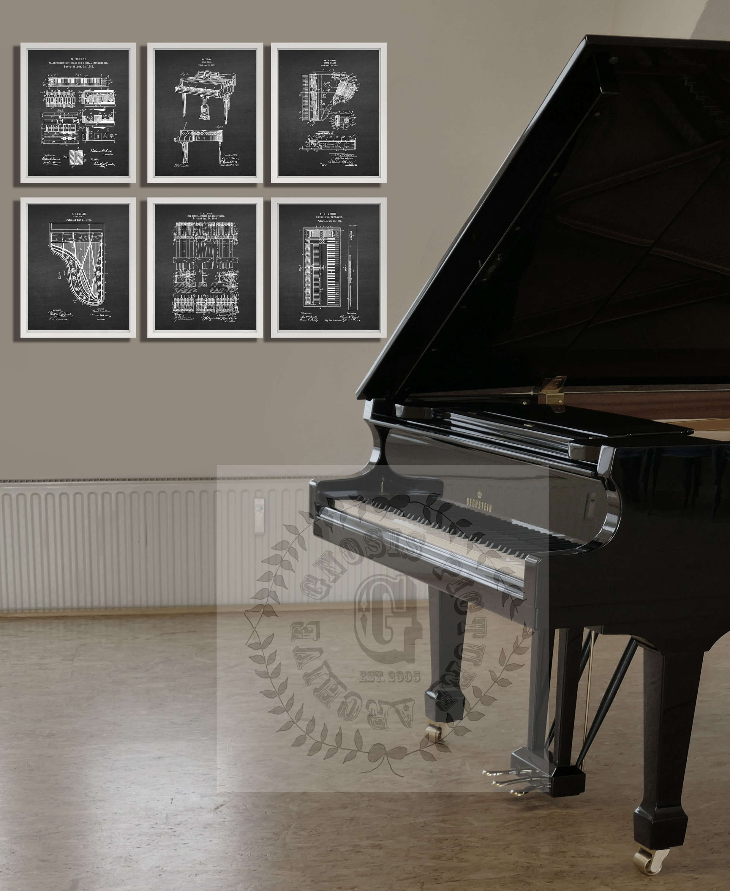 Piano Music Room Wall Decor Set of 6 Piano patents with | Etsy
