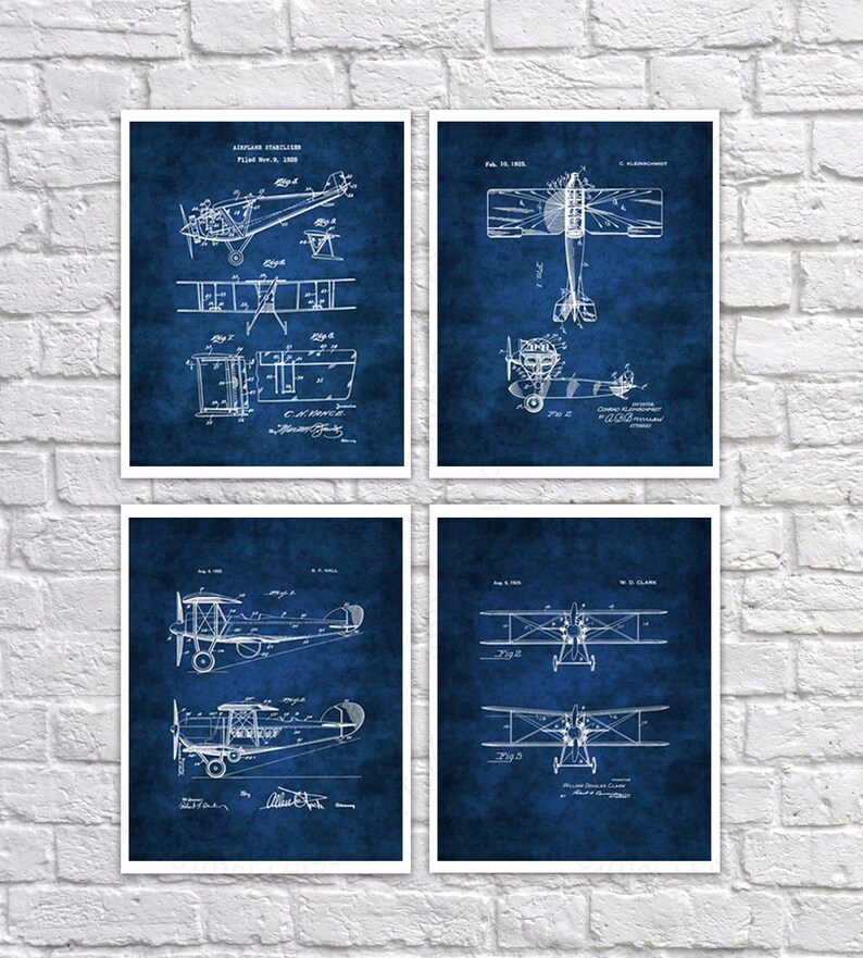 Vintage Biplane Invention Blueprints Aviation Wall Decor Set - Etsy