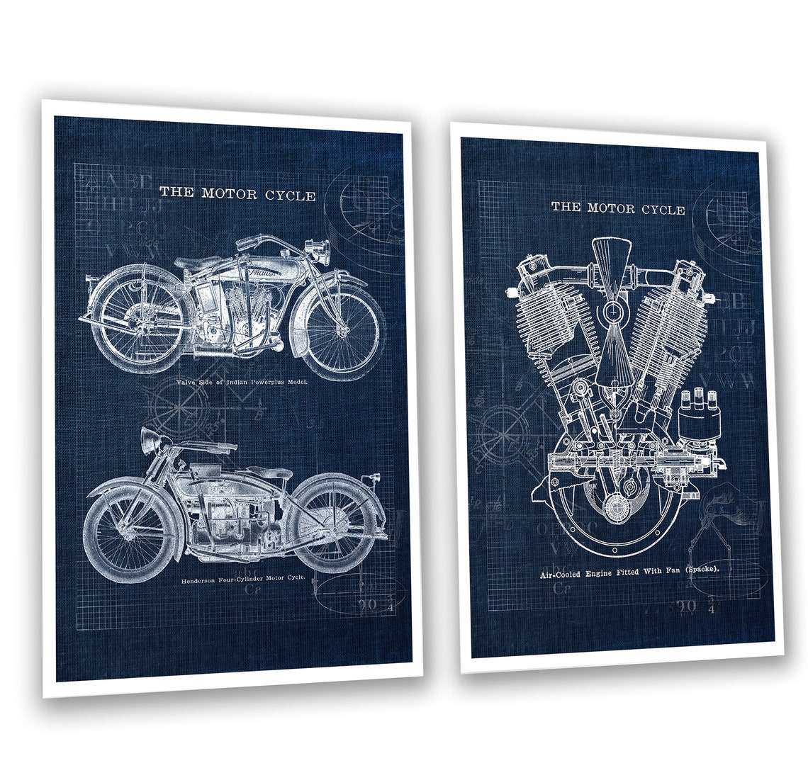 Vintage Motorcycle Blueprint Navy Blue Wall Decor Set of 2 Unframed Art ...