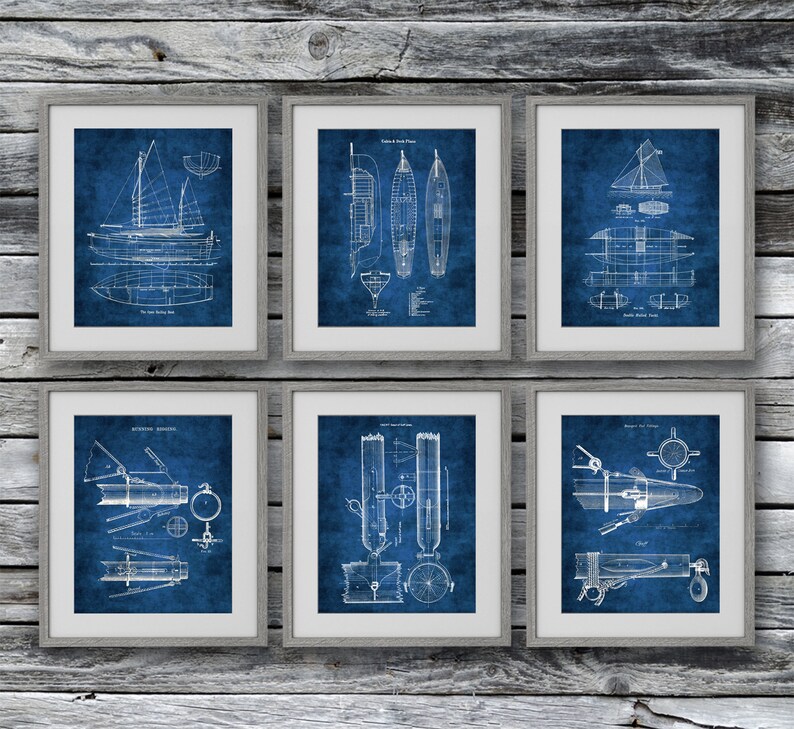 Yacht Blueprints Sailing Wall Decor Set of 6 Unframed Art Prints ...