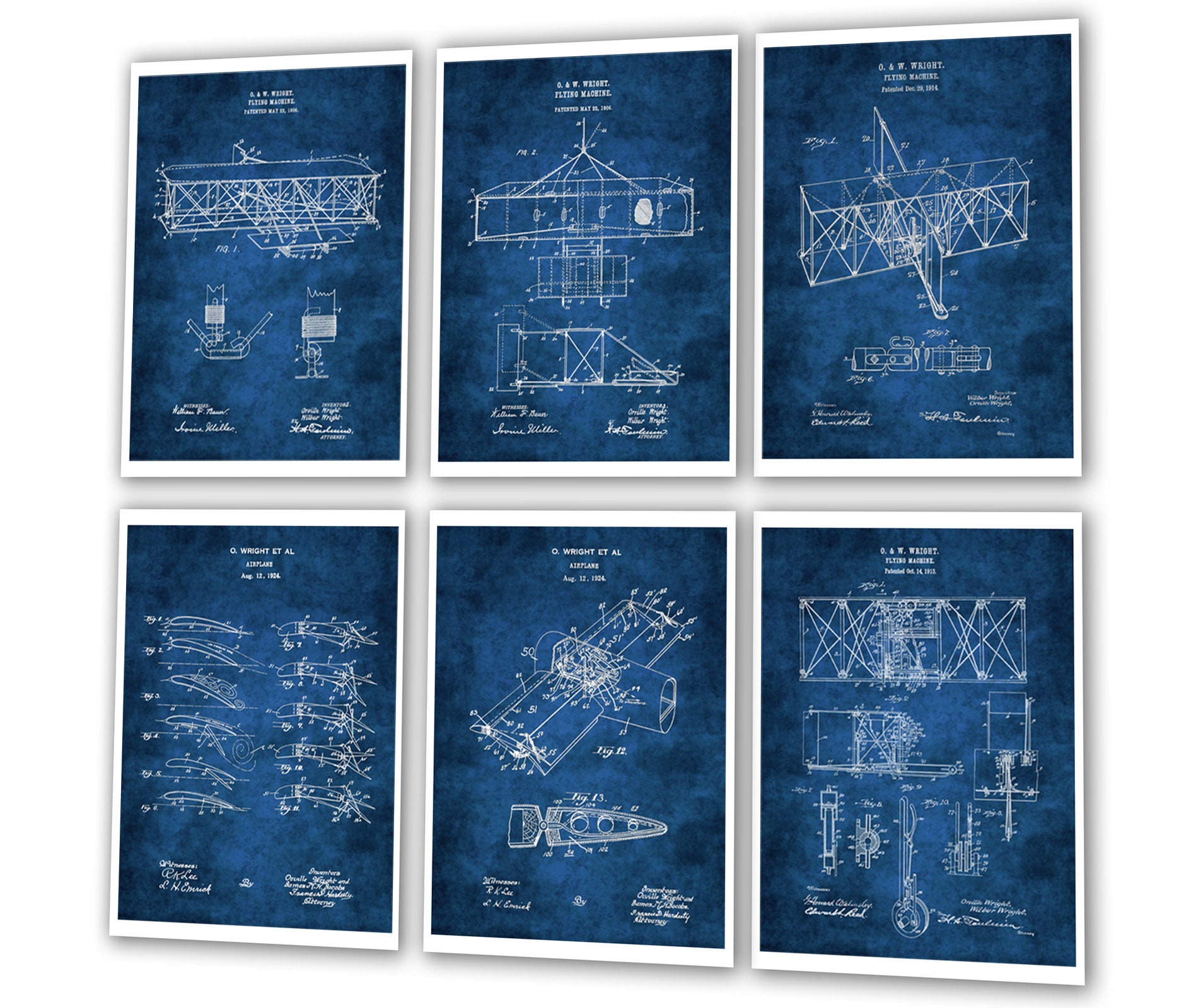 Wright Brothers Flying Machine Patent Invention Blueprint Set of 6 ...