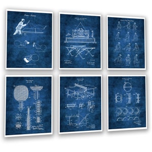 Ping Ping Table Tennis Game Room Wall Decor Set of 6 Blueprints Art ...