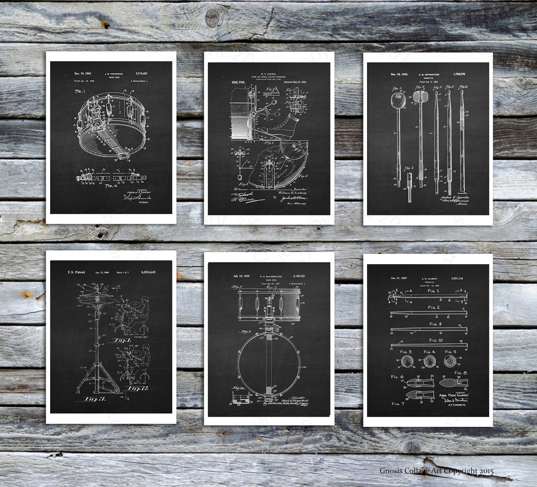 Drum Art Decor Set of 6 Unframed Drum Patent Art Prints Gift for ...