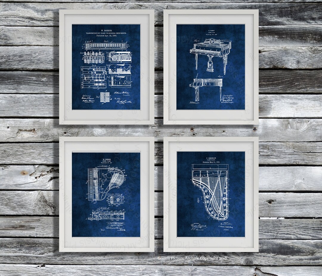 Piano Music Room Decor Set of 4 Piano Blueprints - Great Musician Gift ...