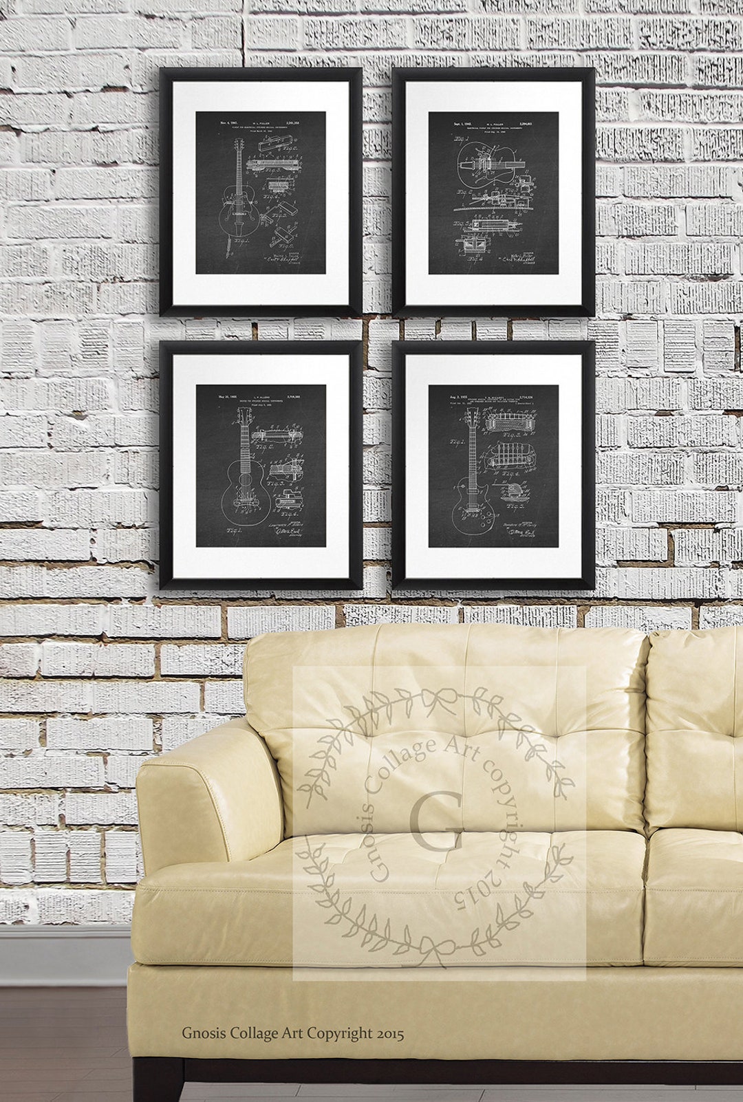 Vintage Gibson Les Paul Guitar Poster Set of 4 BW Art Gibson Guitar ...