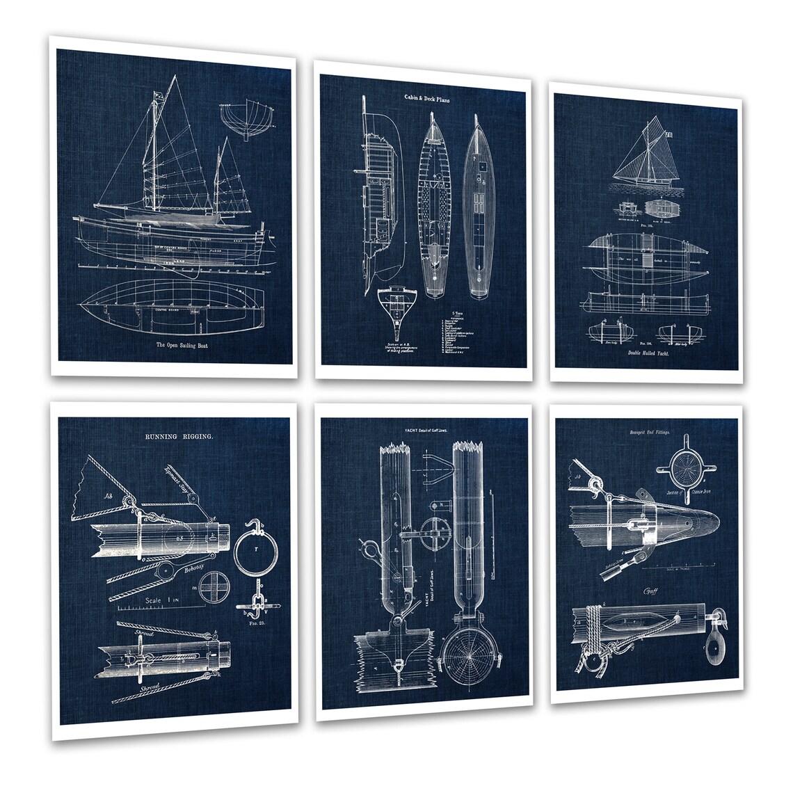 Yacht Blueprints Sailing Wall Art Set of 6 Unframed Art Prints Navy ...