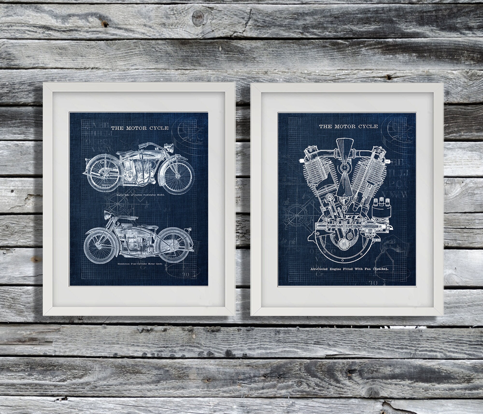 Vintage Motorcycle Blueprint Navy Blue Wall Decor Set of 2 Unframed Art ...