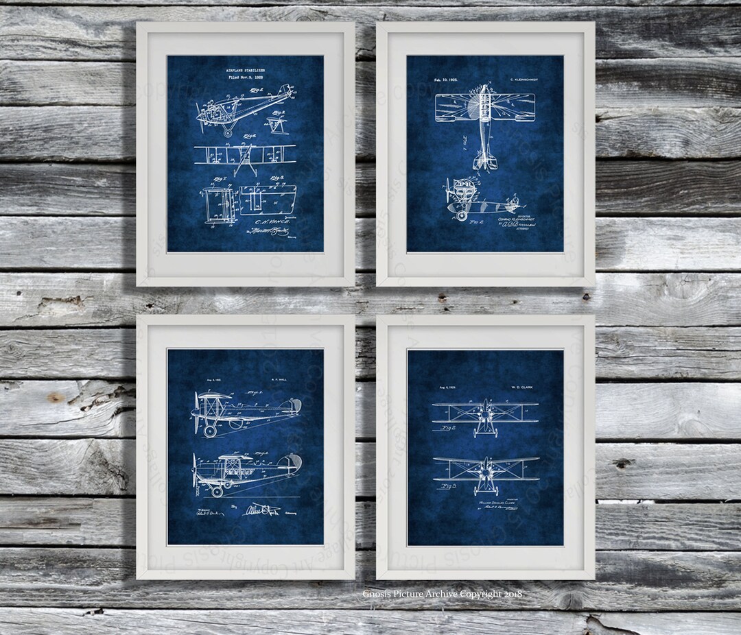 Vintage Biplane Blueprint Art Prints, Aviation Decor, Set of 4 - Etsy