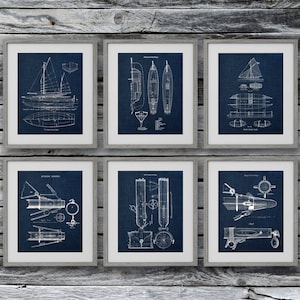Yacht Blueprints Sailing Wall Art Set of 6 Unframed Art Prints Navy ...