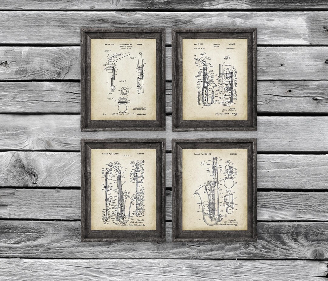 Saxophone Gifts Set of 4 Unframed Vintage Saxophone Design Drawings ...