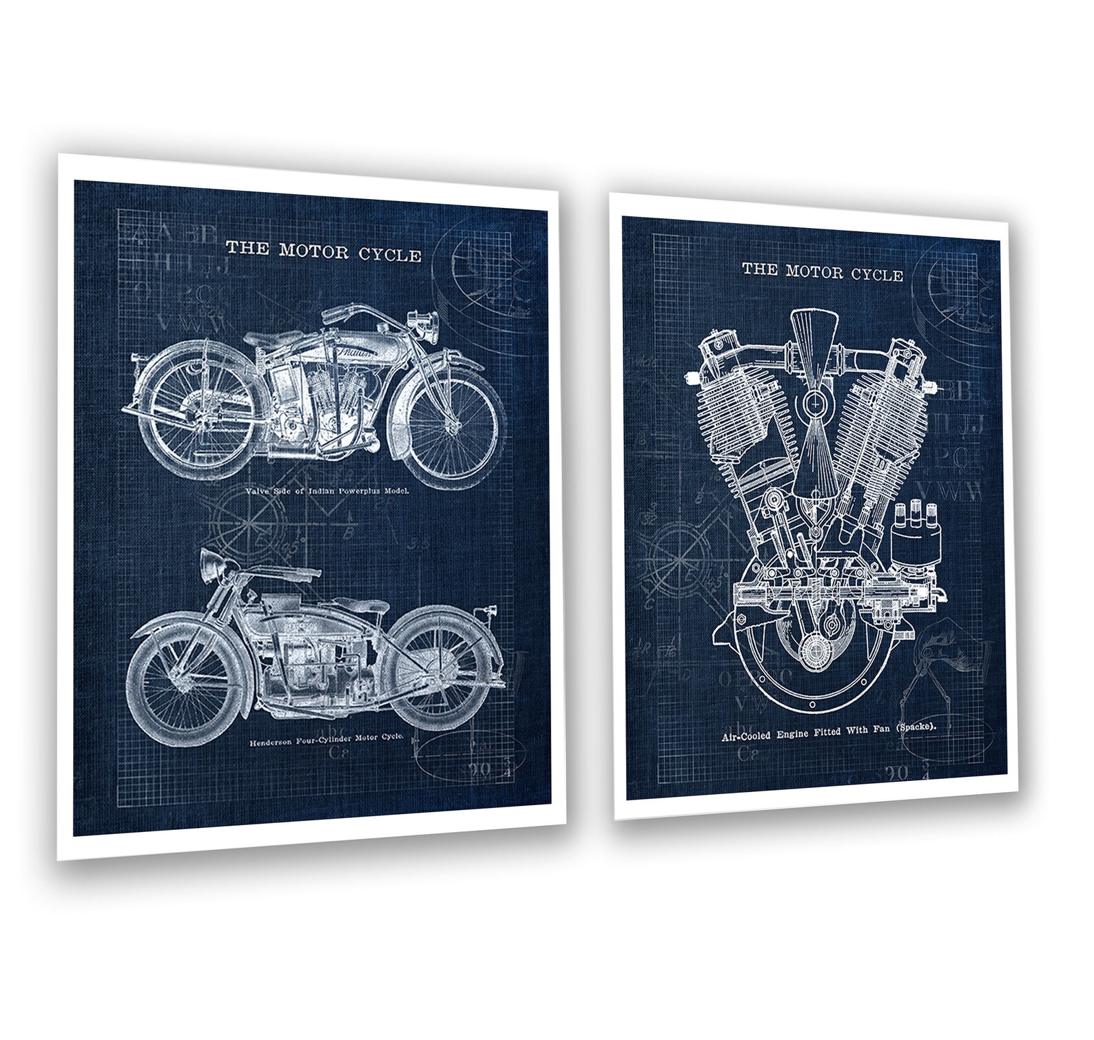 Vintage Motorcycle Blueprint Navy Blue Wall Decor Set of 2 Unframed Art ...