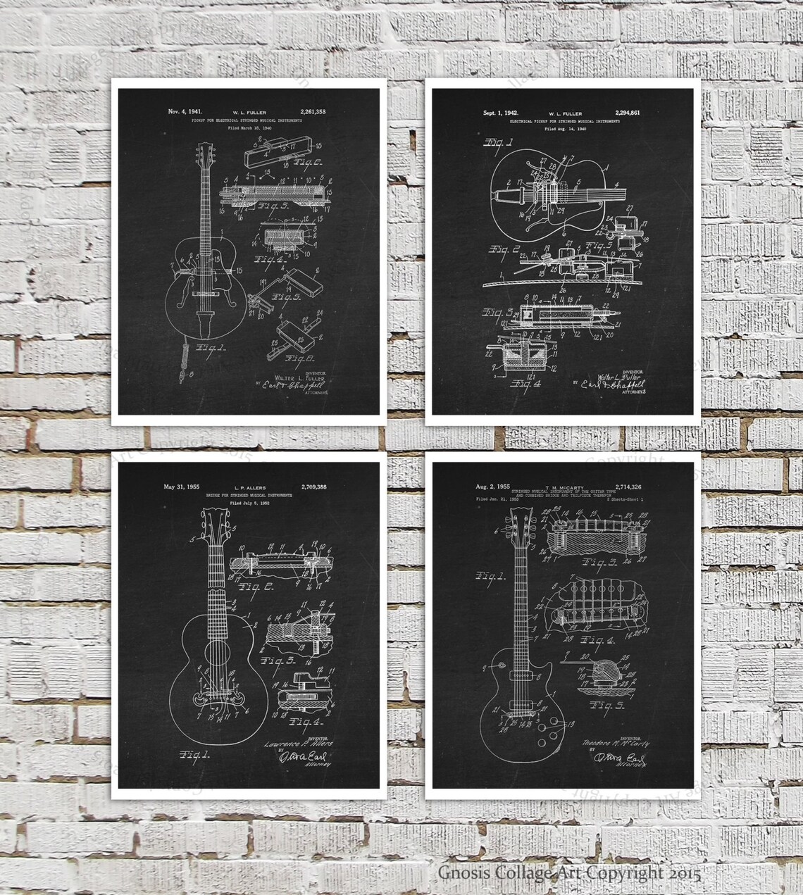 Vintage Gibson Les Paul Guitar Poster Set of 4 BW Art Gibson | Etsy