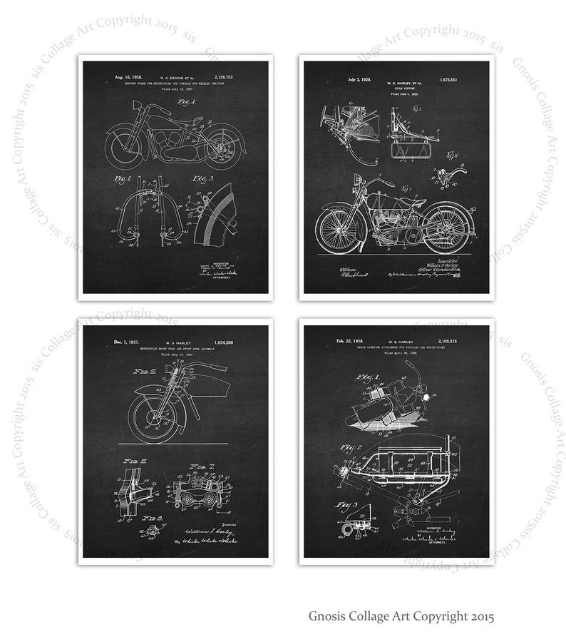 Harley Davidson Motorcycle Patent Art Prints, Chalkboard Style, Set of ...