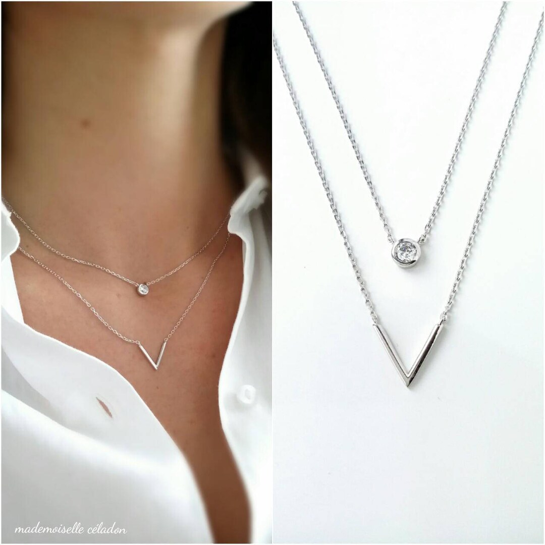 Solitaire Collier double triangle et solitaire argent 925/000 et ...